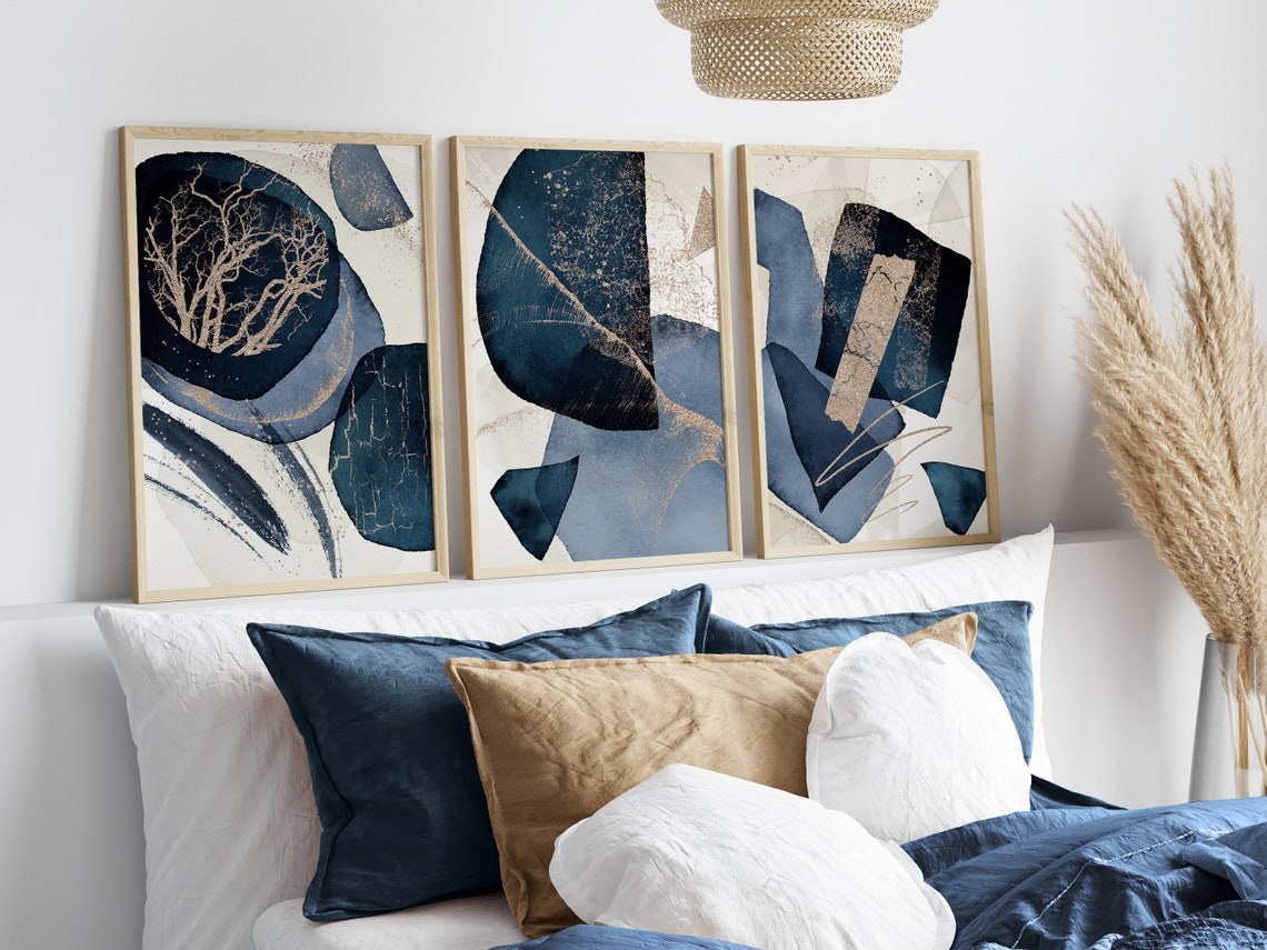 Set of 3 Abstract Prints Navy Blue Wall Art Blue & Gold - Etsy