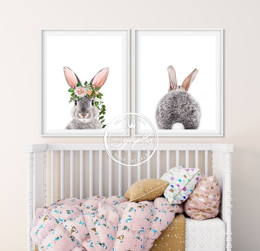 Rabbit Print, Set of 2 Bunny Prints, Bunny Flower Crown, Bunny Tail ...
