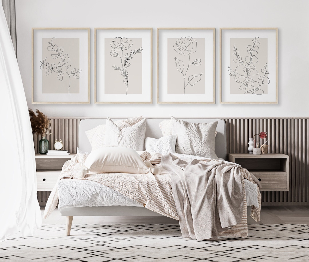 Neutral Wall Art Prints, Botanical Line Art, Set of 4 Beige Plant ...