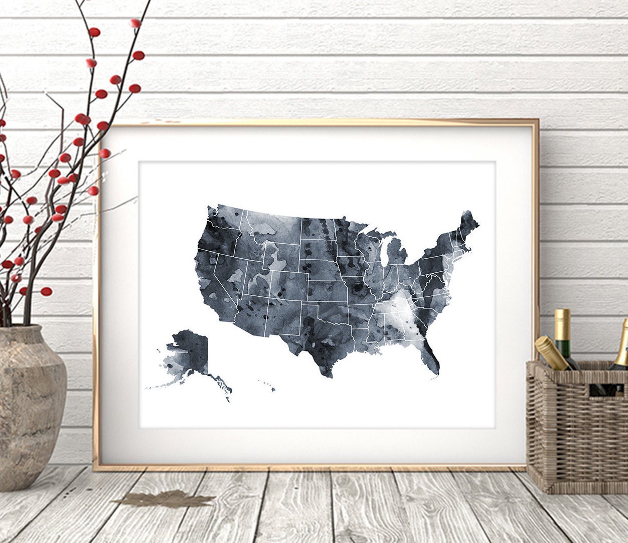 USA Map Print United States Poster Watercolor Grey Black and - Etsy