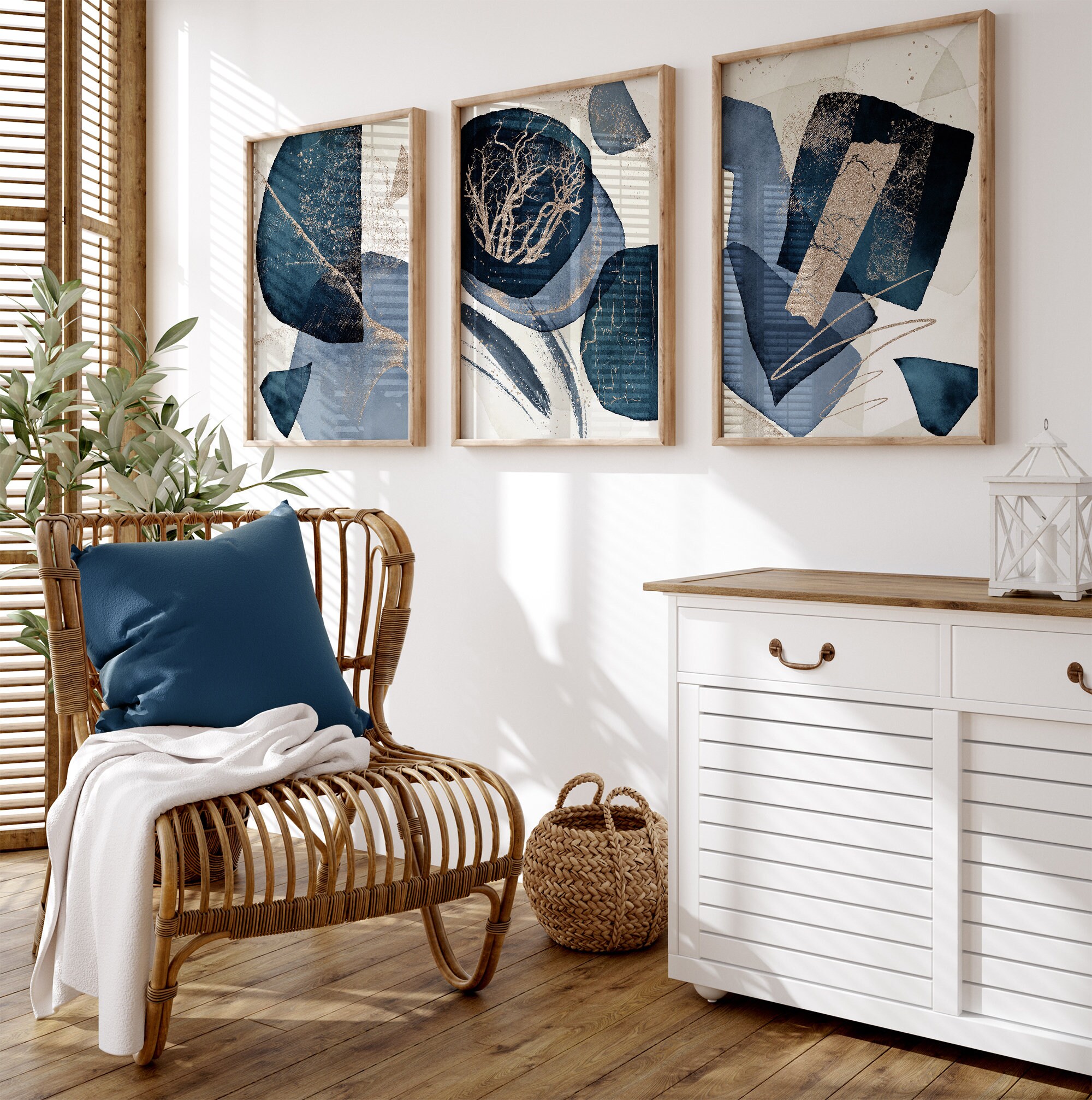 Set of 3 Abstract Prints Navy Blue Wall Art Blue & Gold - Etsy