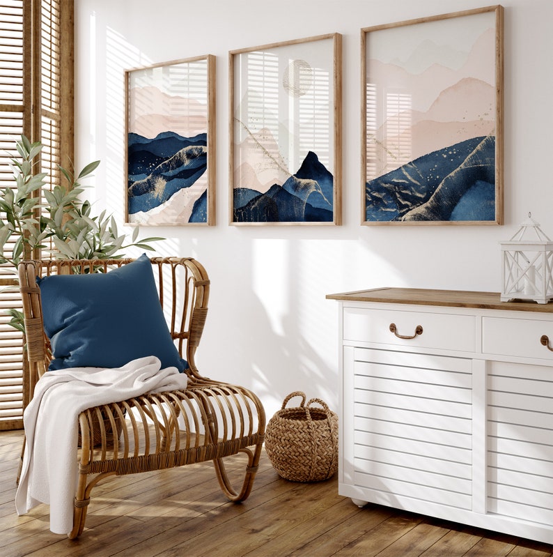 Set of 3 Abstract Prints, Navy Blue Wall Art, Blue & Gold Watercolor ...