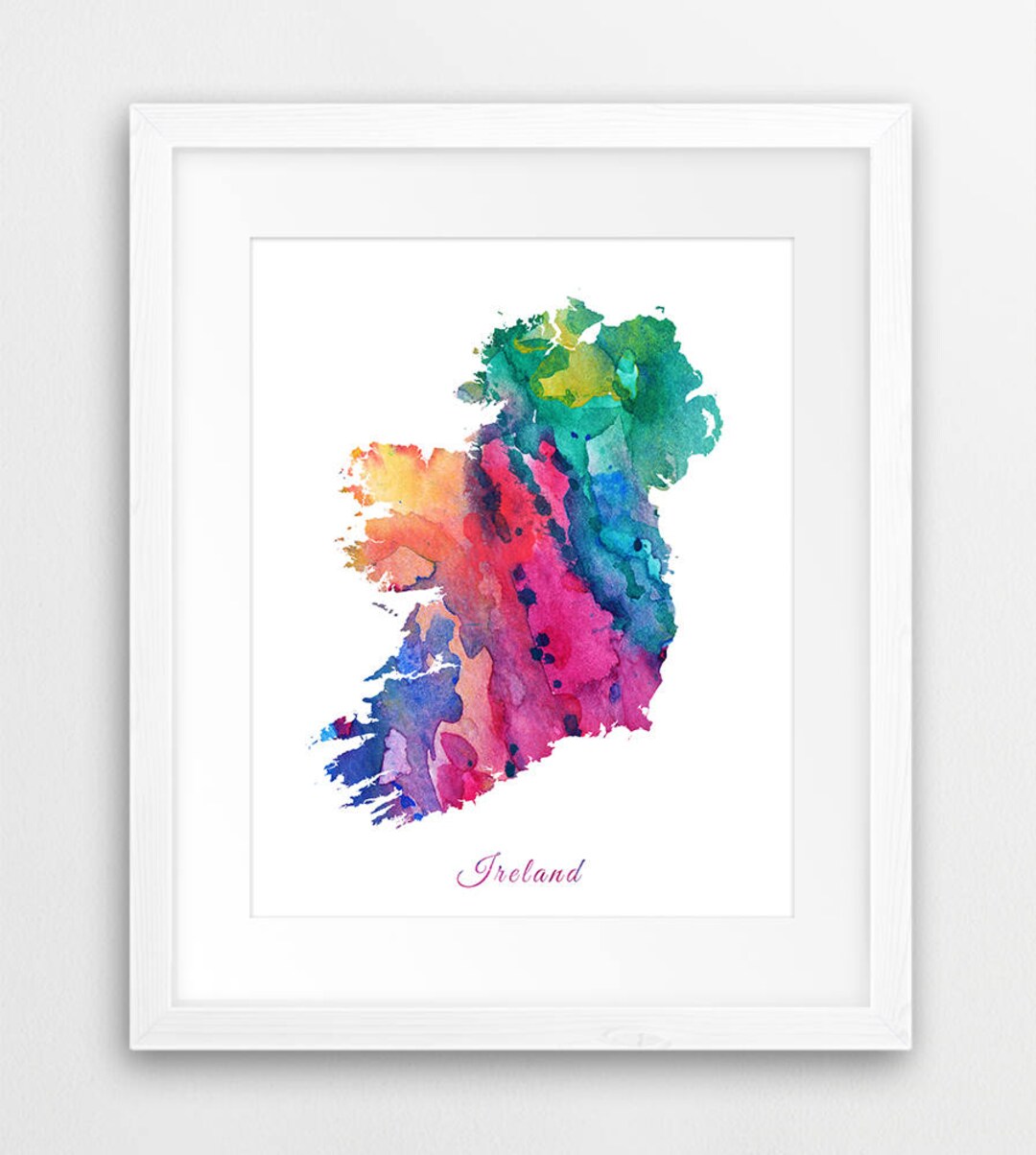 Ireland Map Print, Ireland Watercolor Map, Ireland Blue Green Orange ...