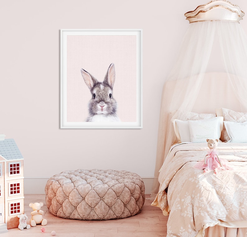 Bunny Print Pink Nursery Wall Art Woodland Nursery Decor | Etsy