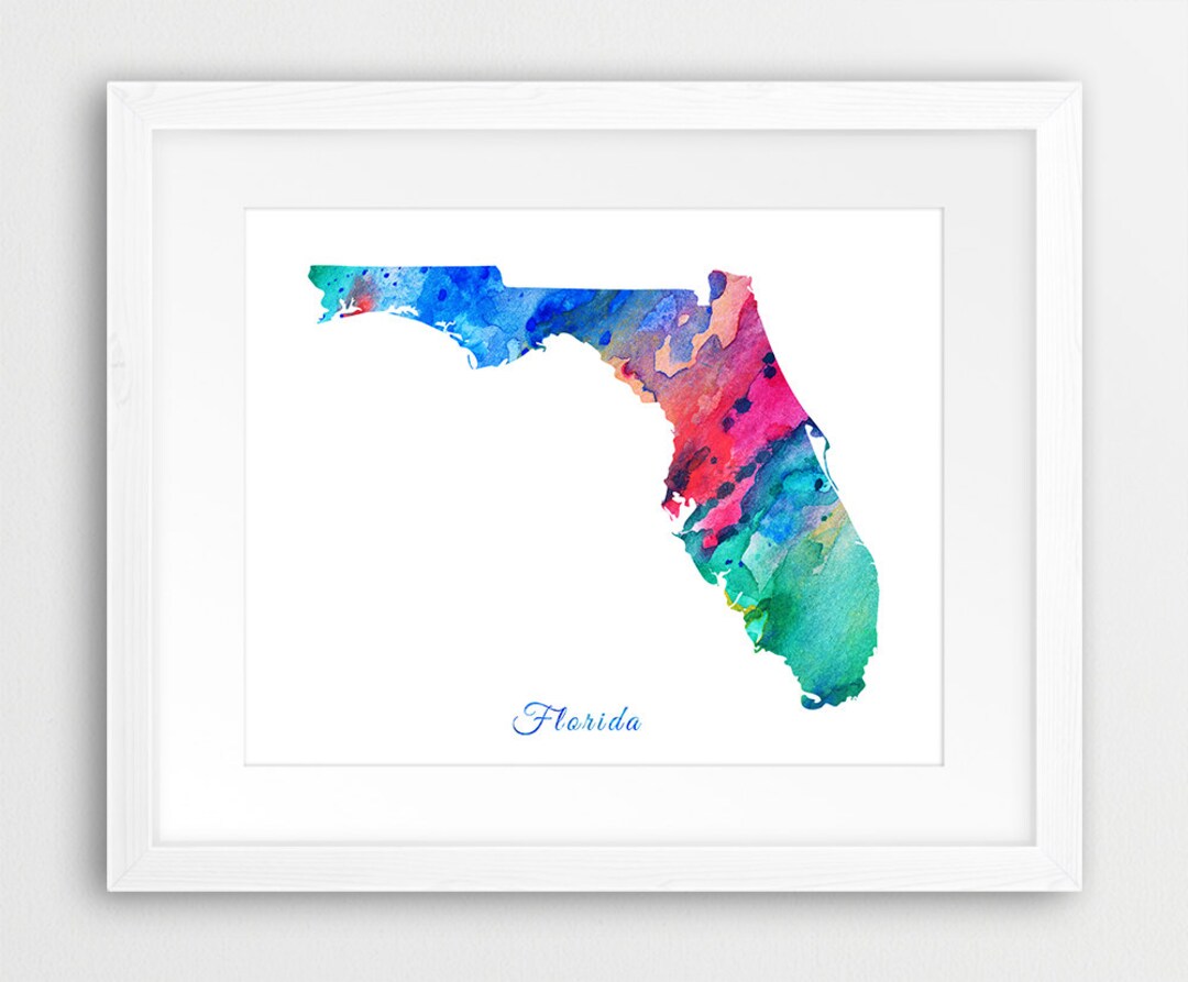 Florida Map Watercolor Print, USA State Florida Silhouette Watercolor ...