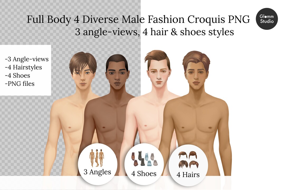 Male Fashion Model Set 4 Diverse Models, 3 Angle-views, 4 Hairstyles, 4 ...