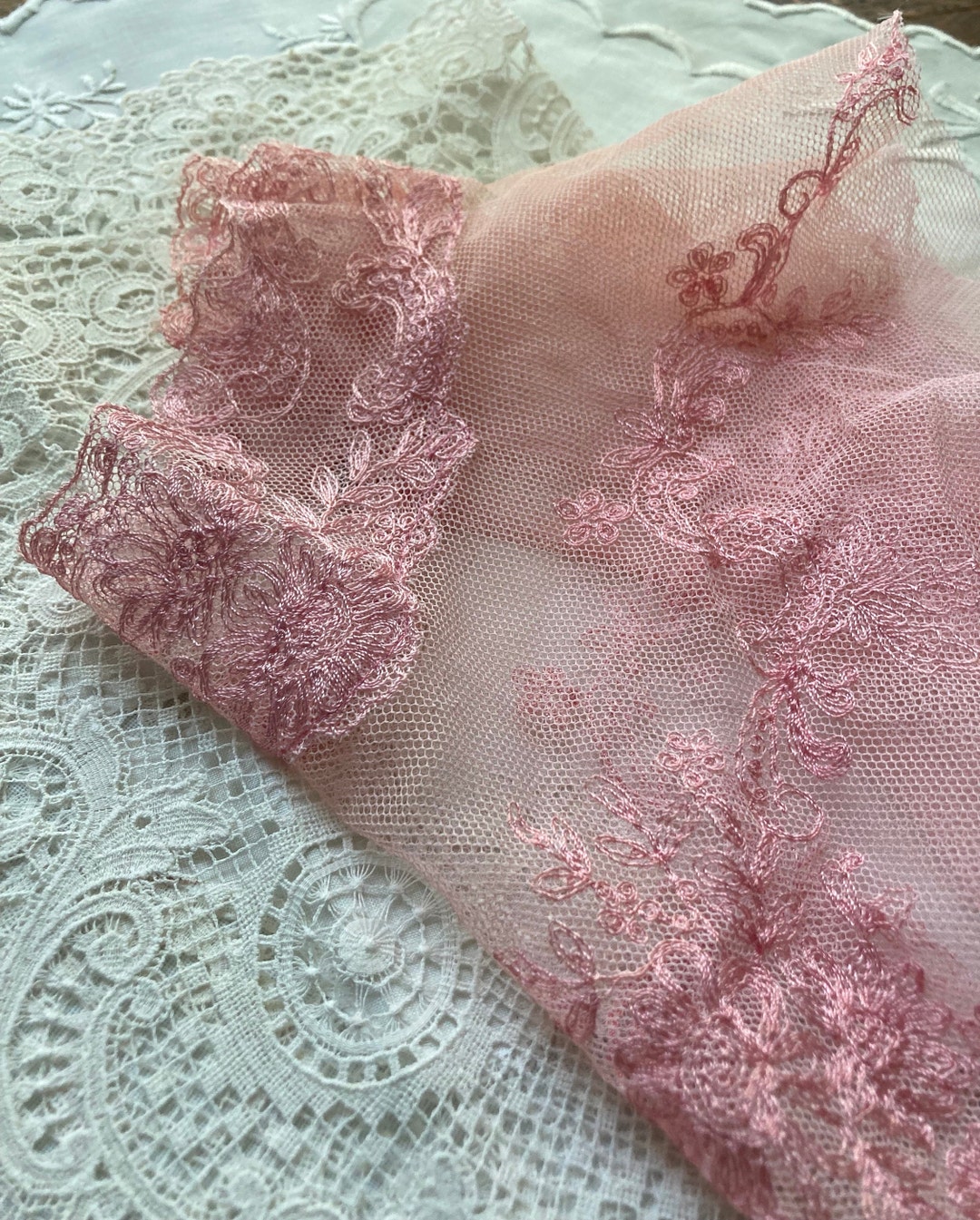 Vintage PINK Floral Embroidered Net Lace Collar~1970's Formal Dress ...
