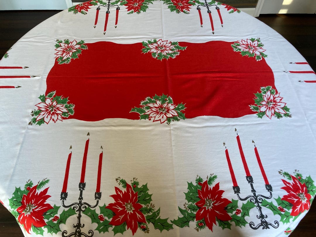 1960's Vintage Christmas Tablecloth~red Candles Poinsettias & Holly ...