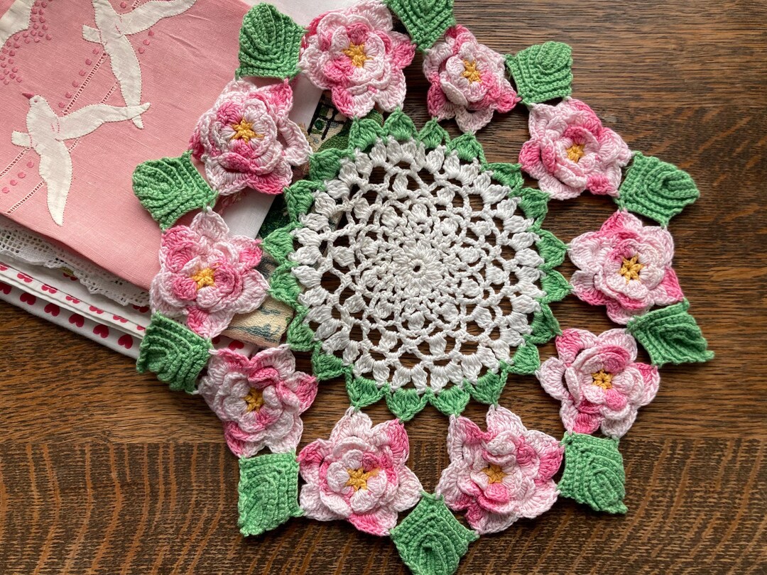 Crocheted Pink Rosettes ~ Hand-made Floral Doily ~ Rose & Leaves ...