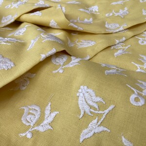 Gorgeous Yellow Linen Fabric With White Embroidered Flowers~floral ...