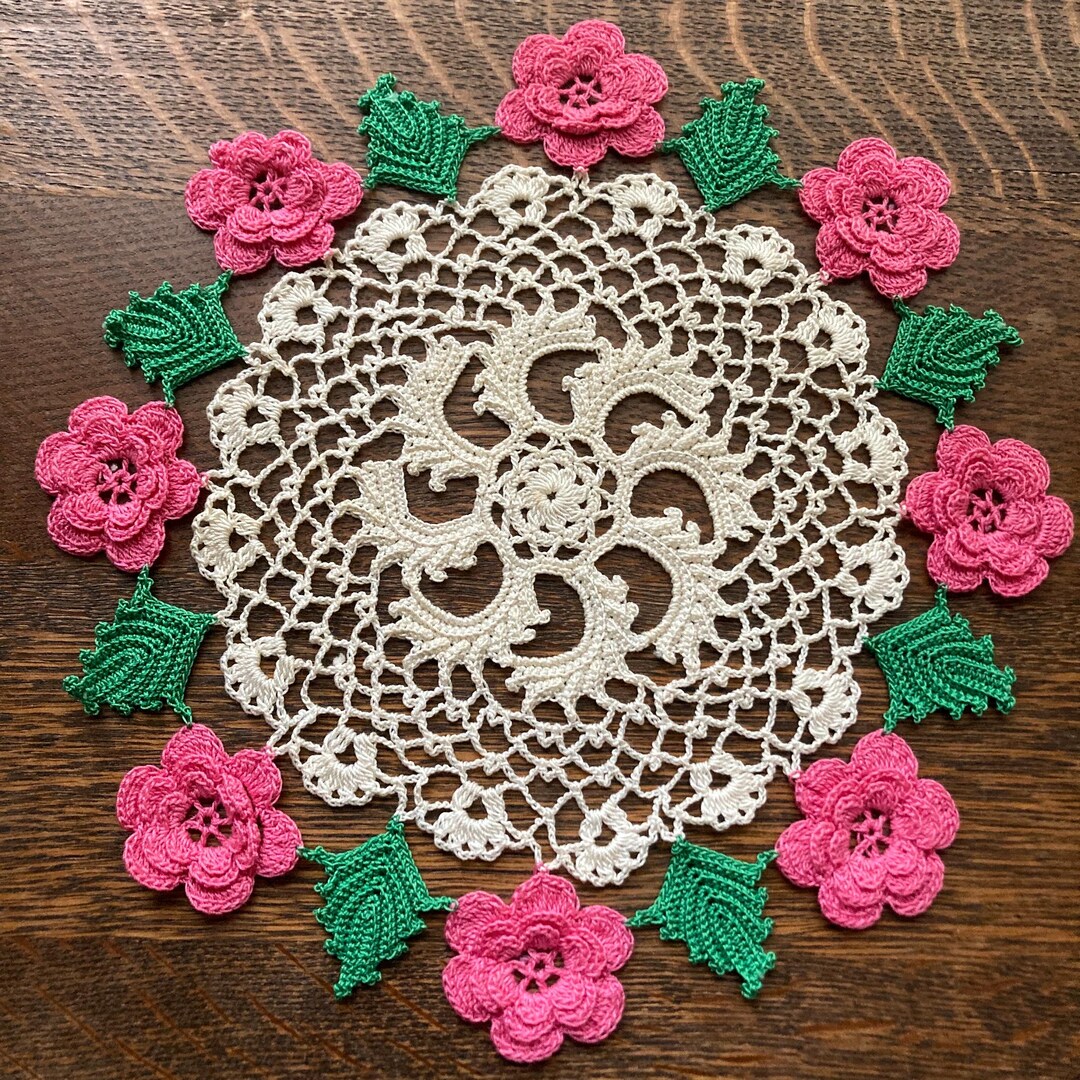 Pink Rosettes Crocheted Round Doily 10 Diameteroff-white Pinwheel ...