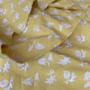 Gorgeous Yellow Linen Fabric With White Embroidered Flowers~floral ...