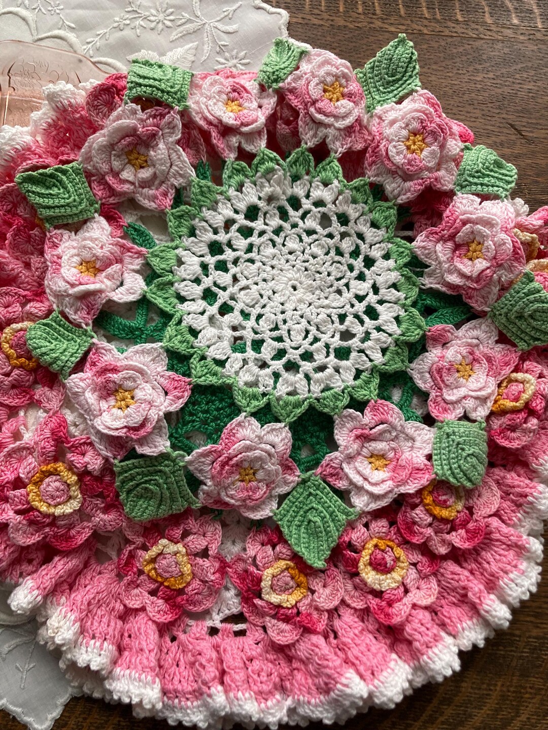 Crocheted Pink Rosettes, Floral, and Ruffled Edge Doilies Lot of Three ...