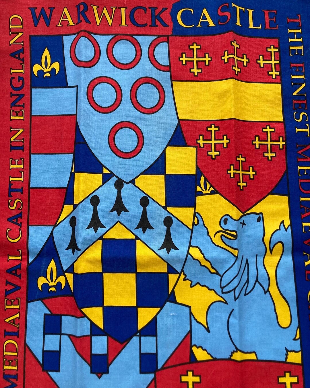 WARWICK CASTLE Vintage Souvenir Towel ~ Crests and Flags ~ Made in England All Cotton ~ Unused ...