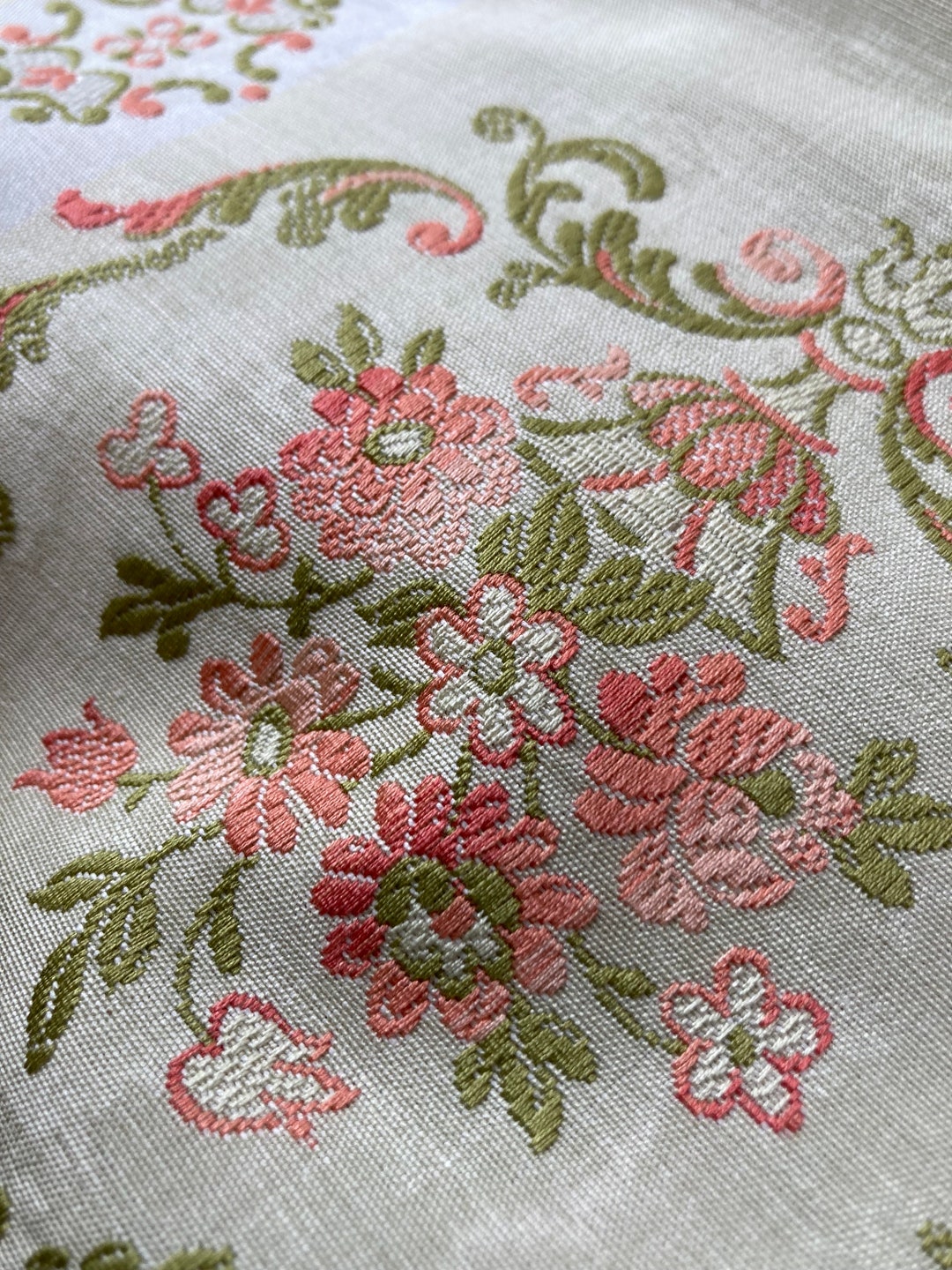 Antique French Lampas Lisere Fabricwoven Pink and Green Floral3 Yards ...