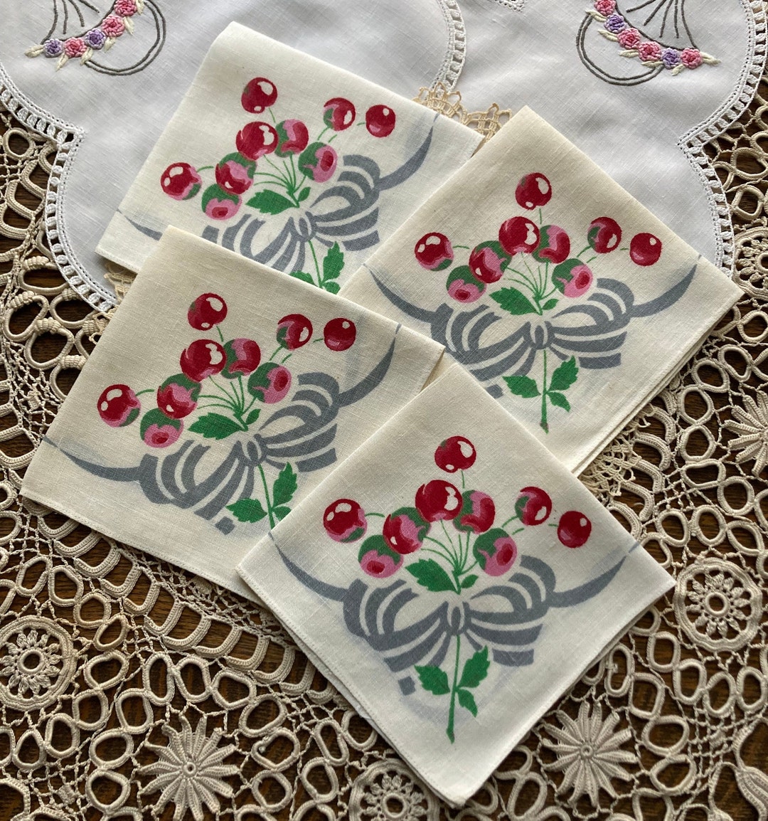 Four (4) Linen Luncheon or Tea Napkins~white and Pink Cherries~vintage ...