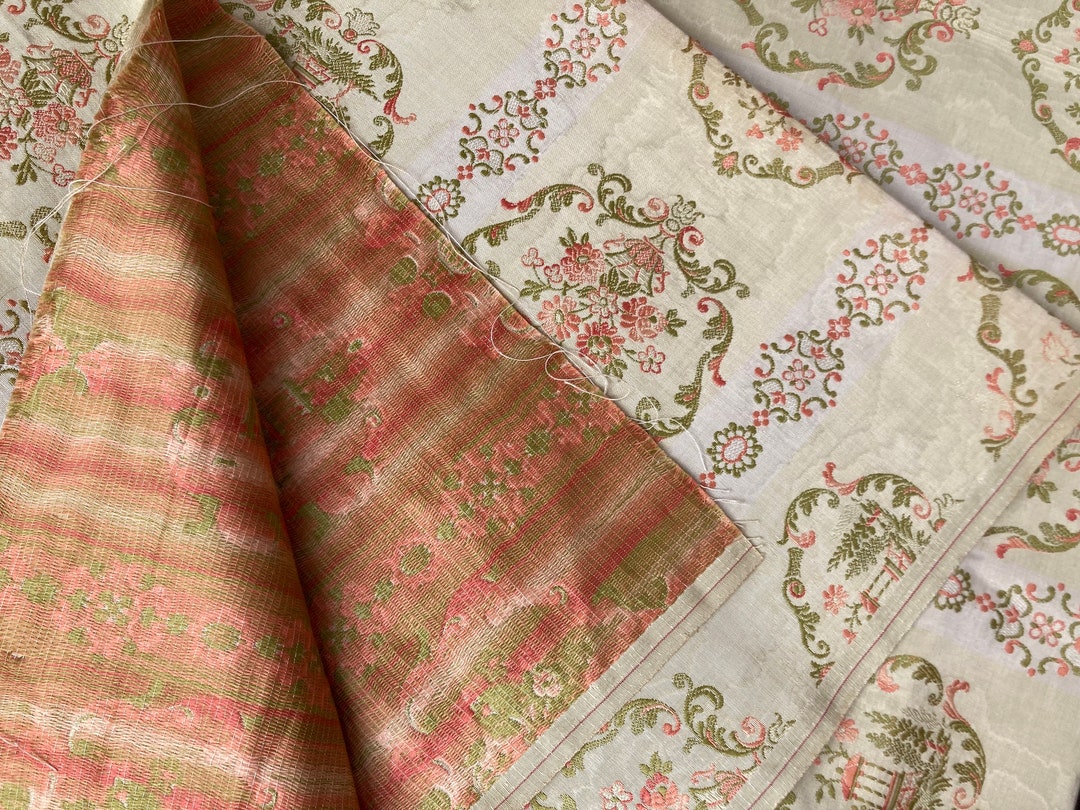 Antique French Lampas Lisere Fabricwoven Pink and Green Floral3 Yards ...