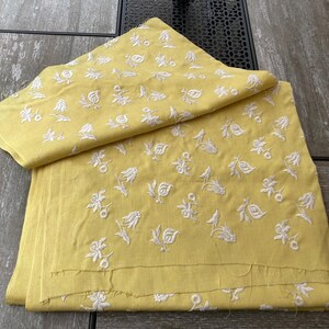 Gorgeous Yellow Linen Fabric With White Embroidered Flowers~floral ...