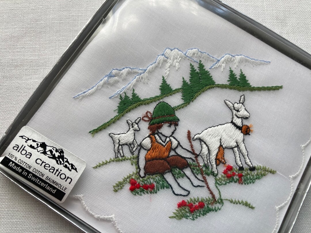 Darling Embroidered Swiss Boy With Goats on Mountainsidevintage Hanky ...
