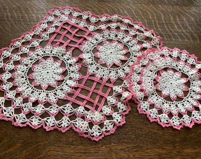Crocheted Pink and White Doily Set~two (2) Coordinating Doilies~hand ...