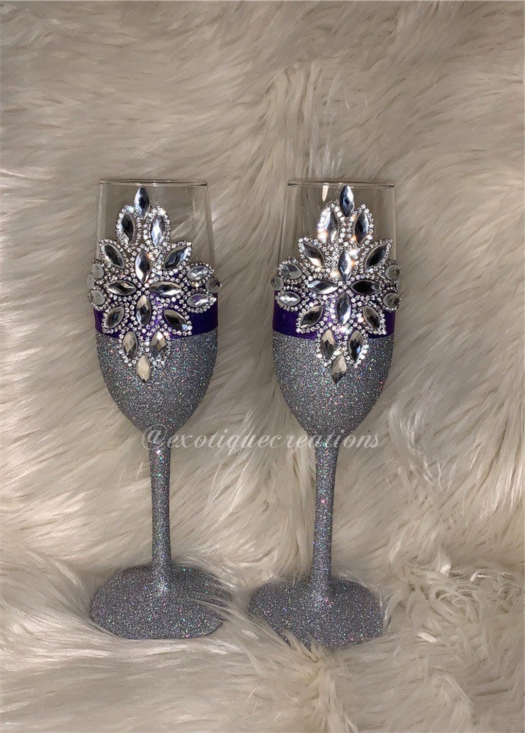 Toasting Flutes Silver Bling and Purple Flutes With Rhinestones ...
