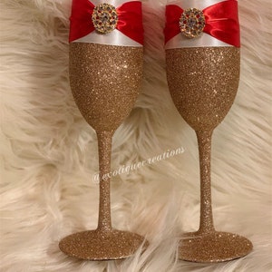 Toasting Set ,champagne , Red and Ivory Wedding Server Set Toasting ...