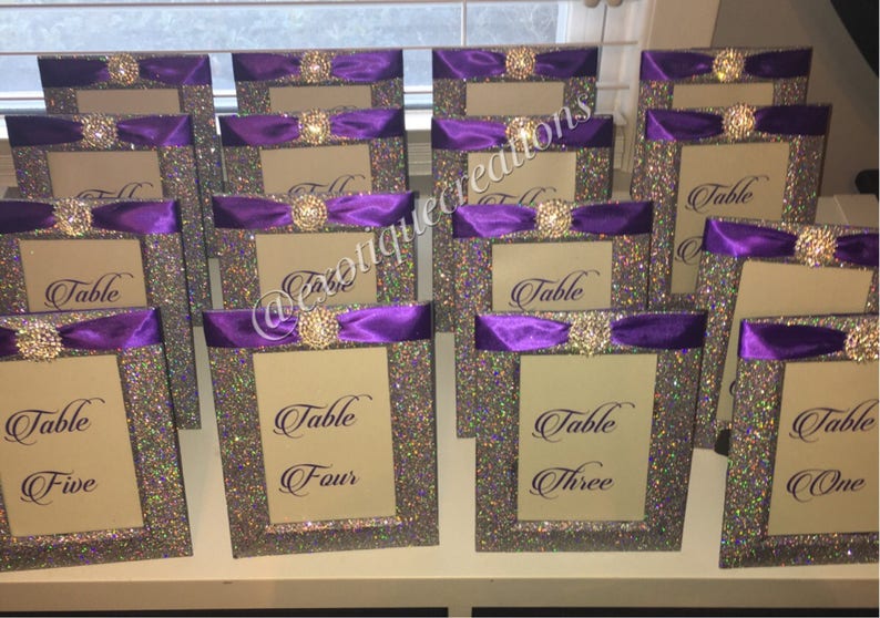 Silver Bling Table Numbers with Purple Ribbon | Etsy