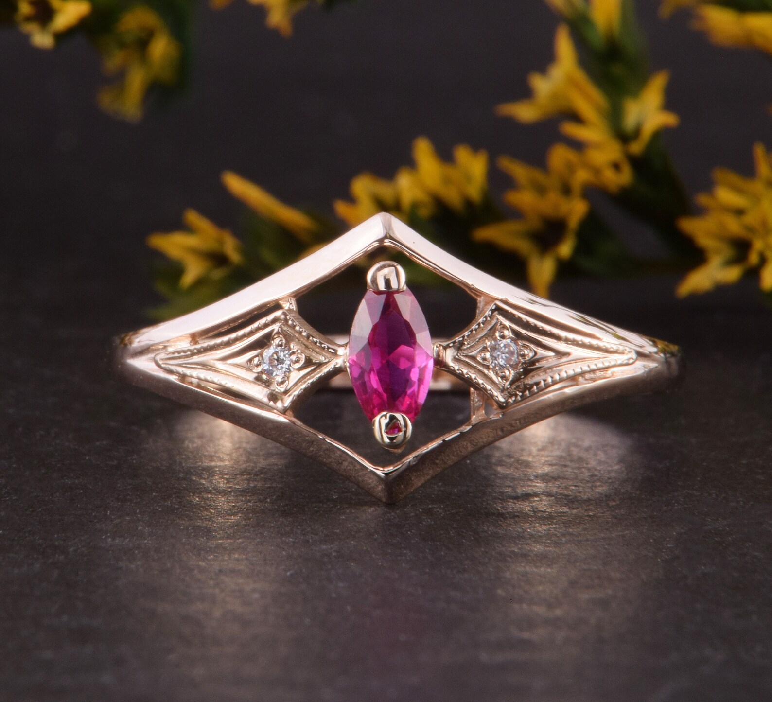14k Rose Gold Art Deco Ruby Promise Ring for Her, Womens Antique Ruby ...