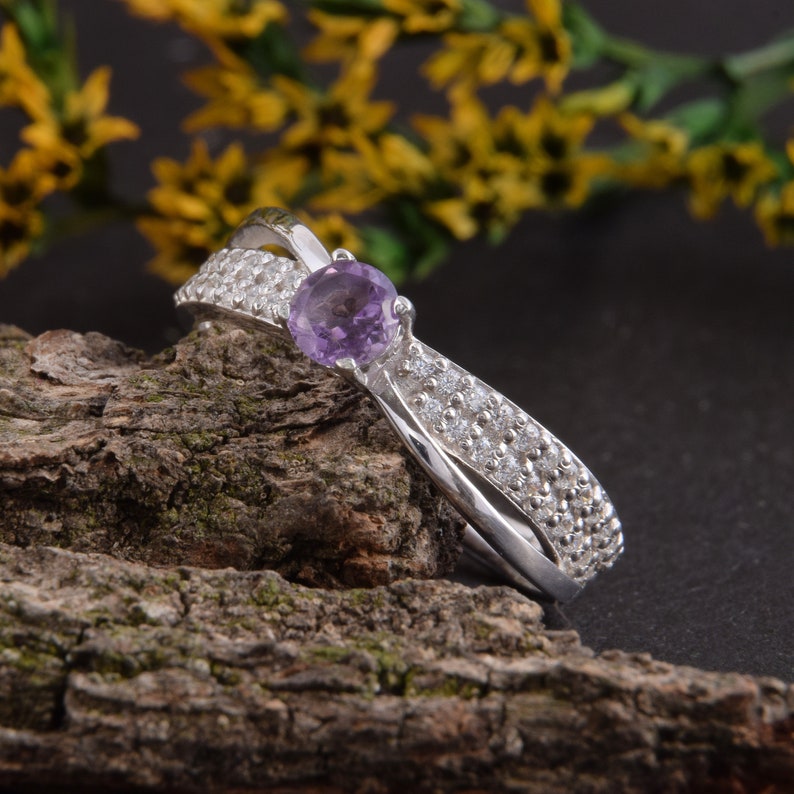 Silver Twisted Amethyst Promise Ring for Her, Dainty & Simple Womens ...