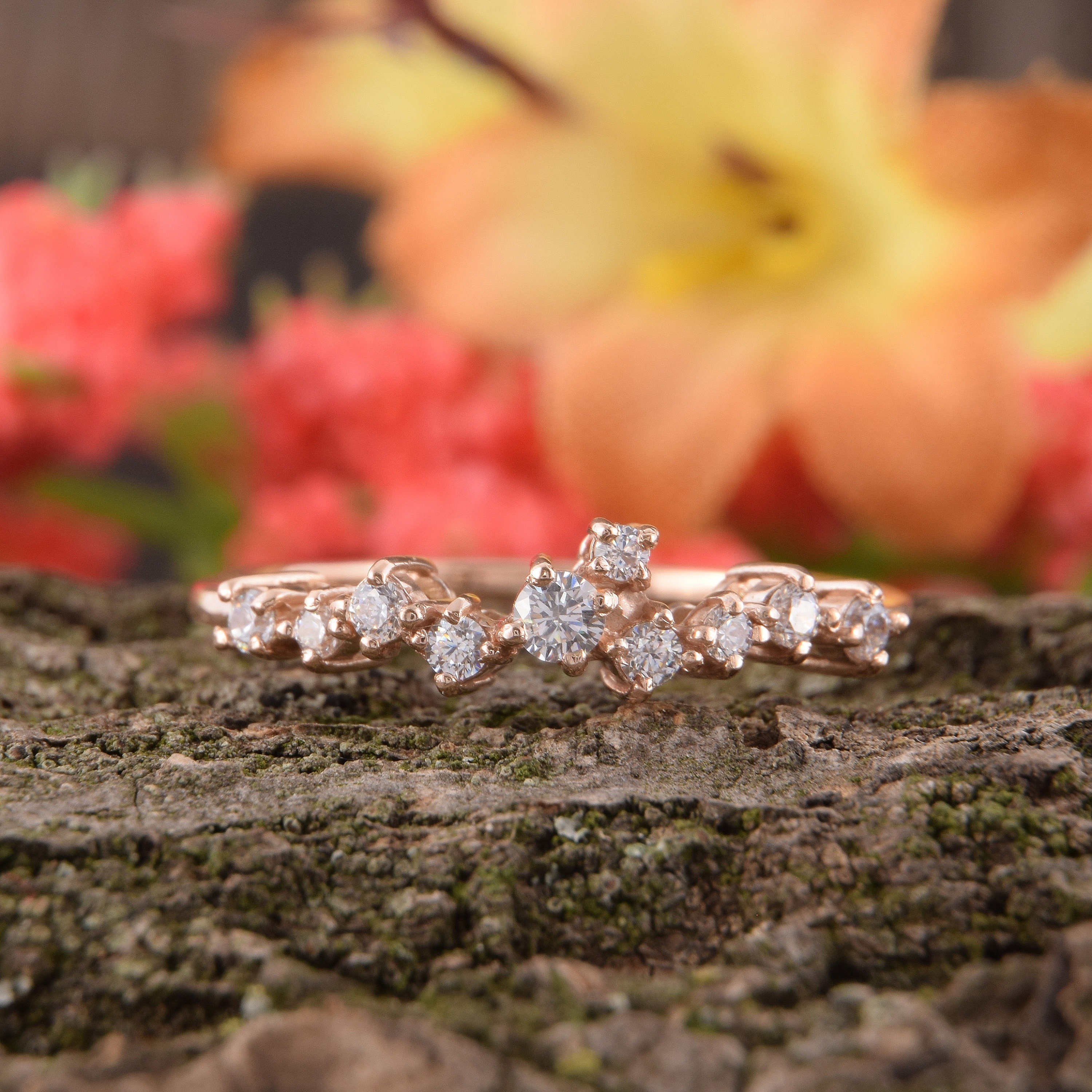 Rose Gold Womens Wedding Band Art Deco Wedding Band Cluster | Etsy