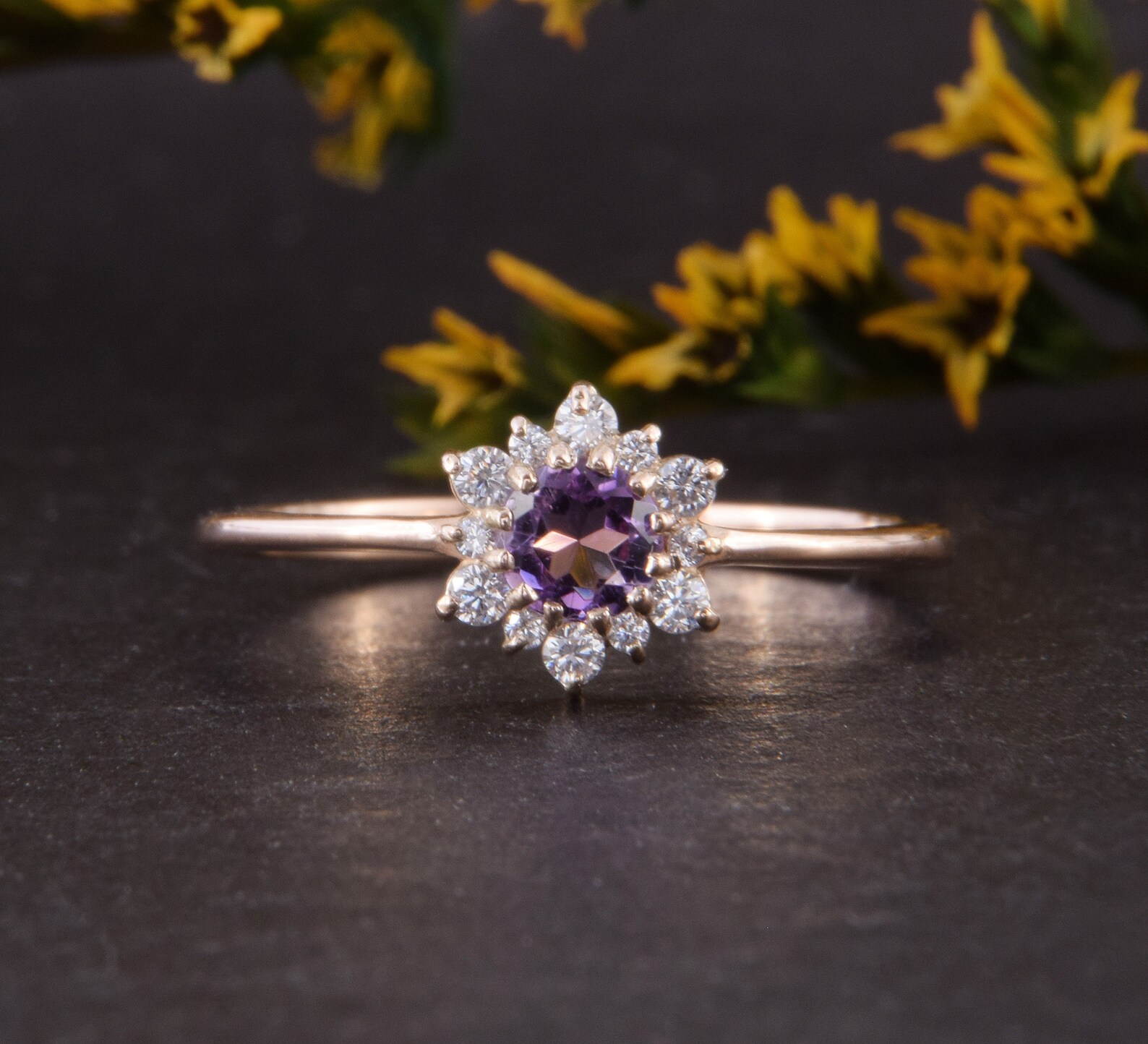 14k Rose Gold Small & Dainty Amethyst Promise Ring for Her, Delicate ...
