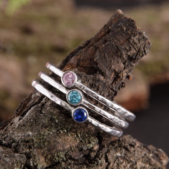 Dainty Birthstone Ring Stacking Ring Mom Rings Set Hammered | Etsy