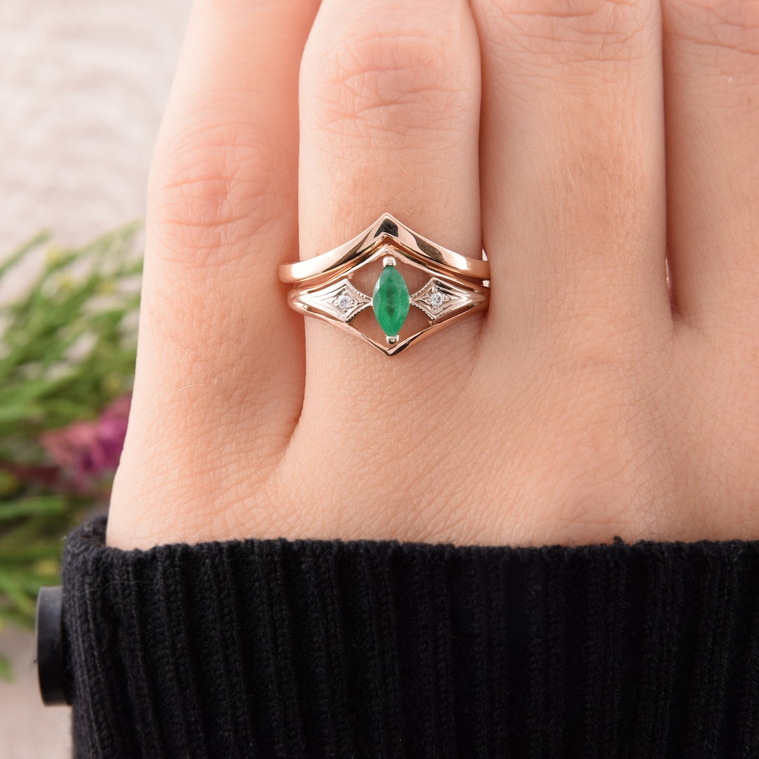 Emerald Rings Set, Wedding Rings Set, Bridal Rings Set, Gold Rings Set ...