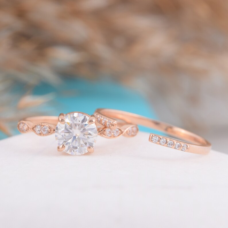 14k Rose Gold Dainty Art Deco Womens Wedding Rings Set Unique | Etsy