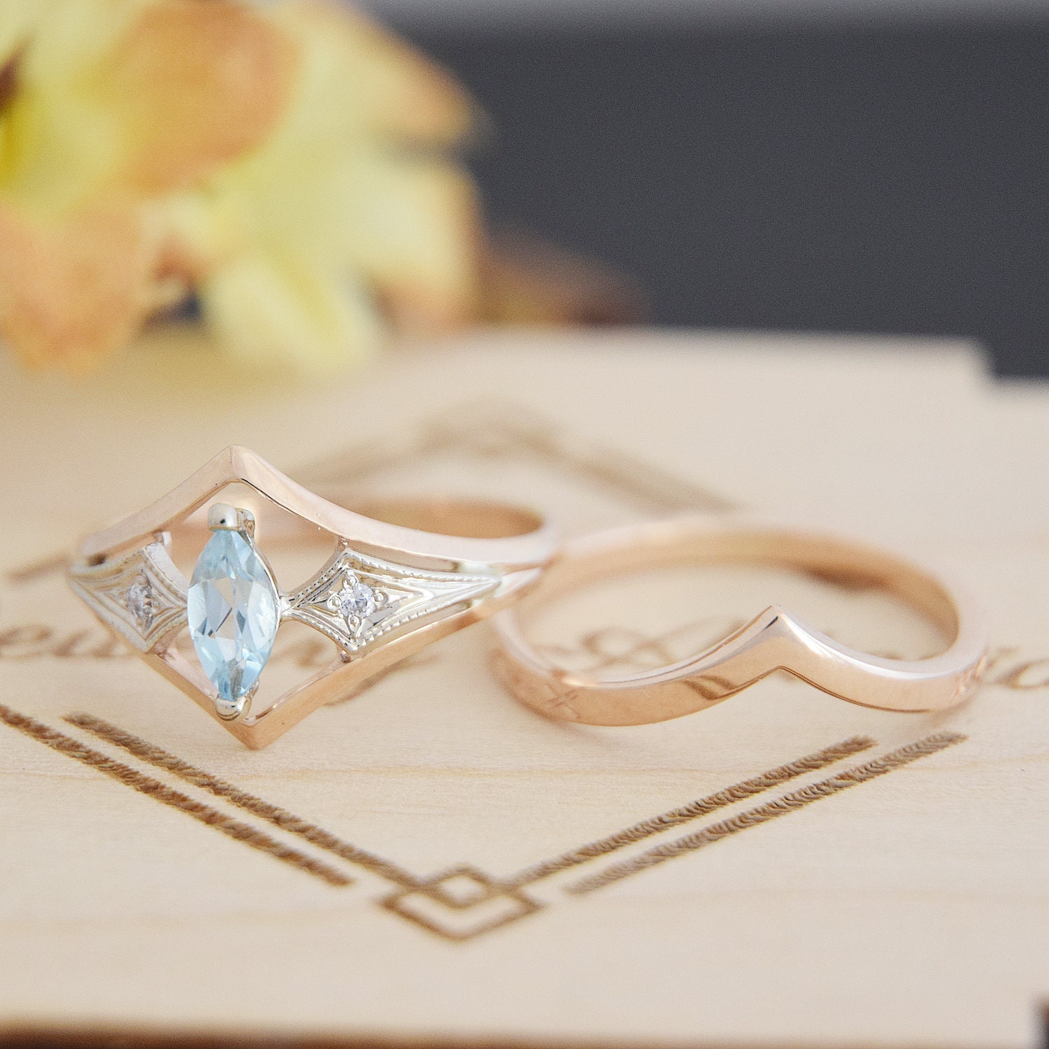 Gold Rings Set Art Deco Rings Set 14k Rings Set Wedding - Etsy