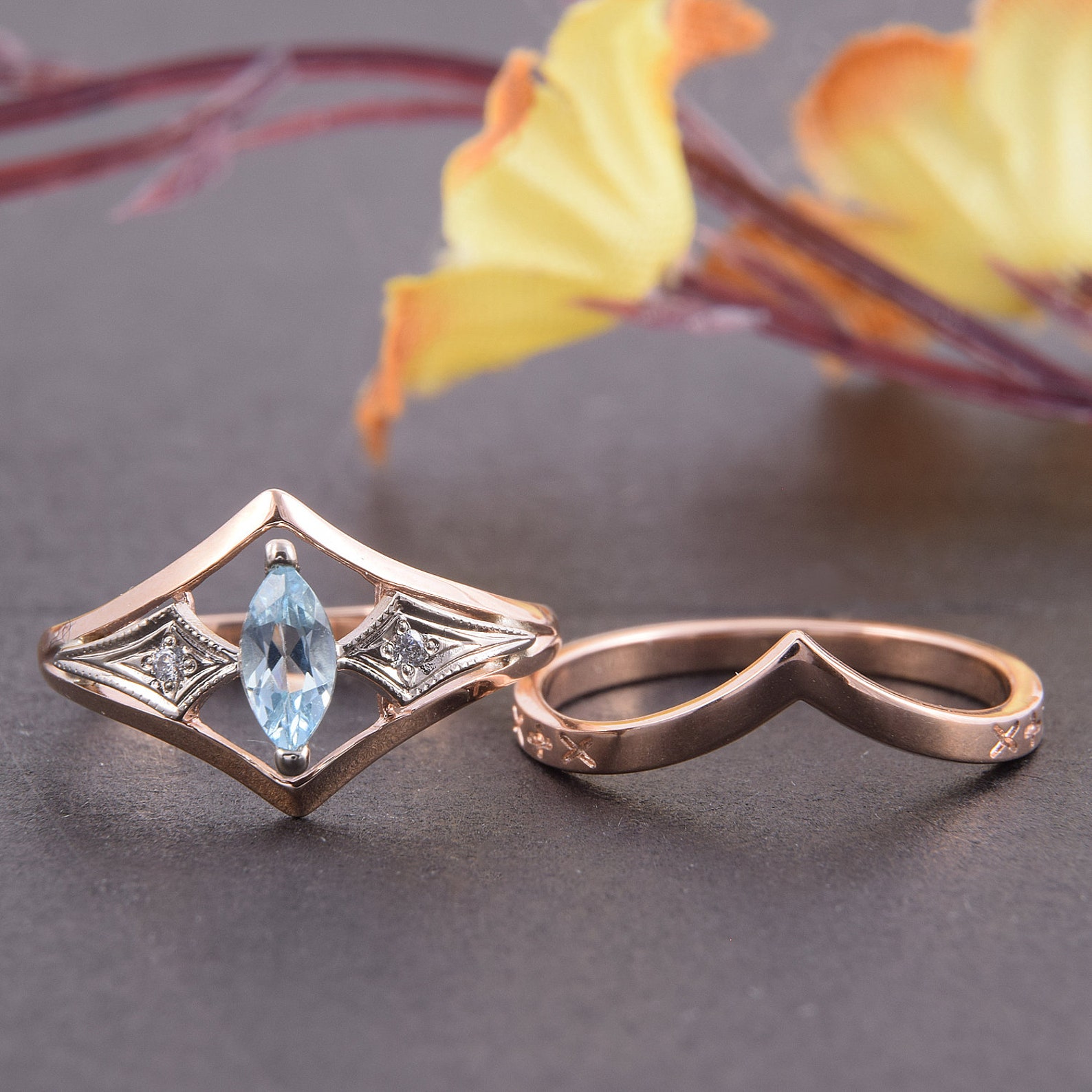 Gold Rings Set Art Deco Rings Set 14k Rings Set Wedding - Etsy