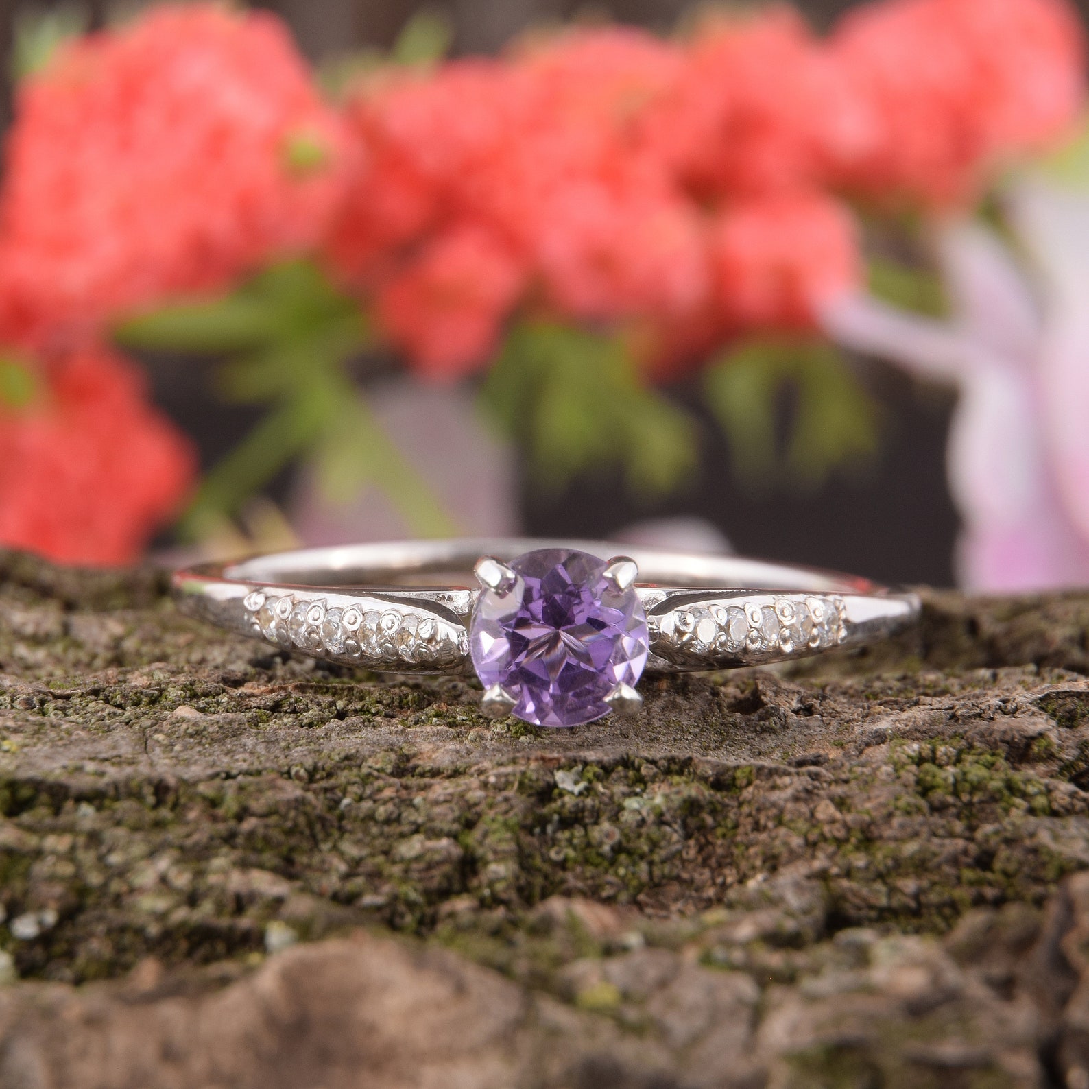 Amethyst Ring, Round Cut Engagement Ring Silver, Art Deco Ring ...