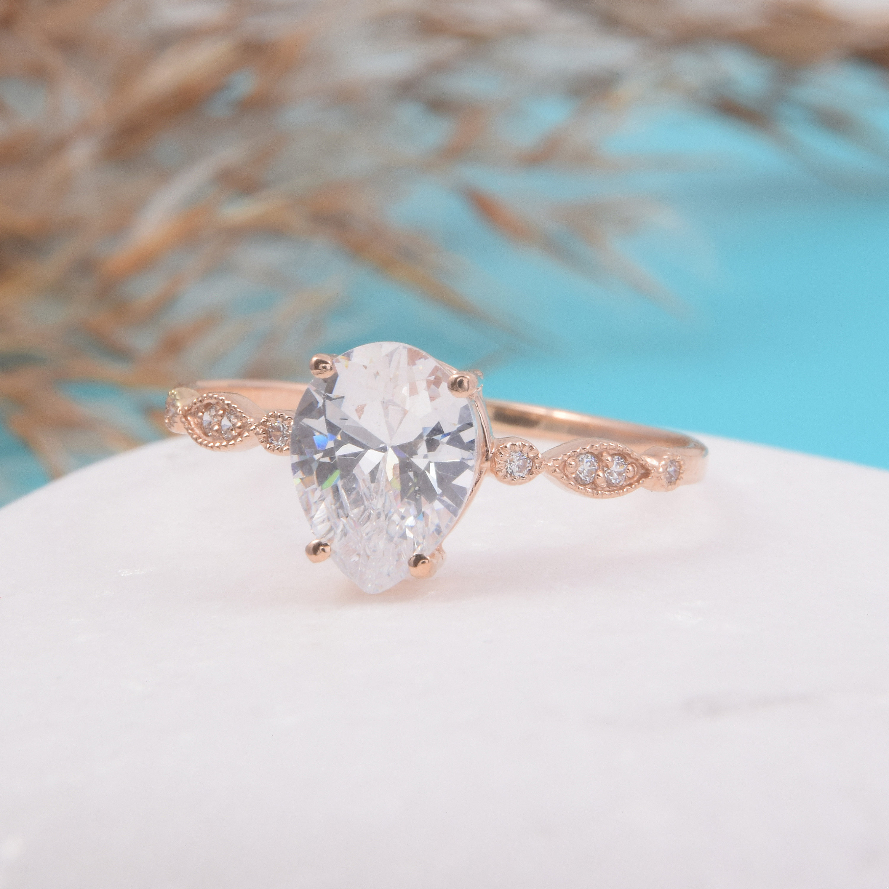 Antique Style Victorian Wedding Rings Set, Unique 14k Rose Gold Pear ...