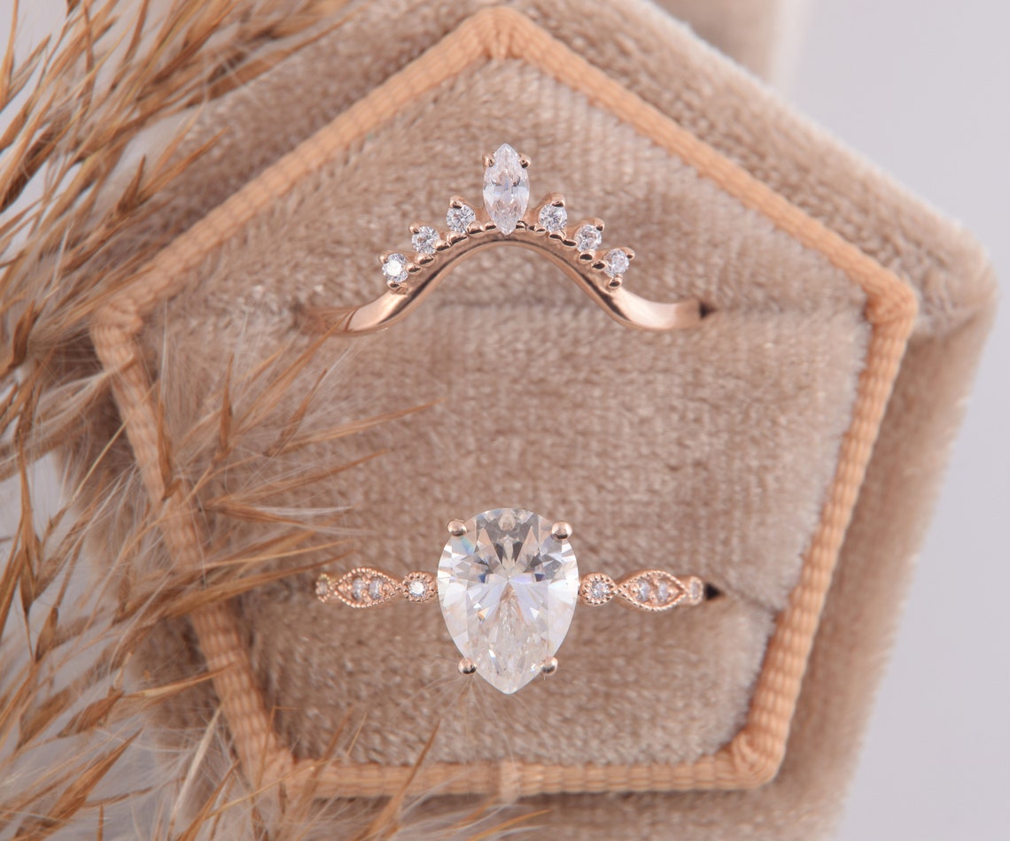 Antique style victorian wedding rings set Unique 14k rose | Etsy