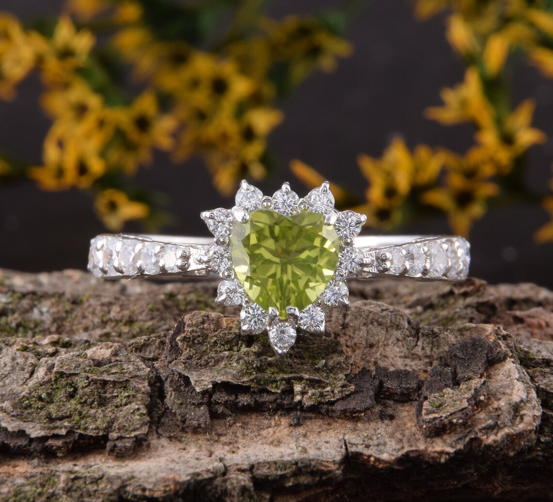 Silver womens peridot heart engagement ring Unique art deco | Etsy