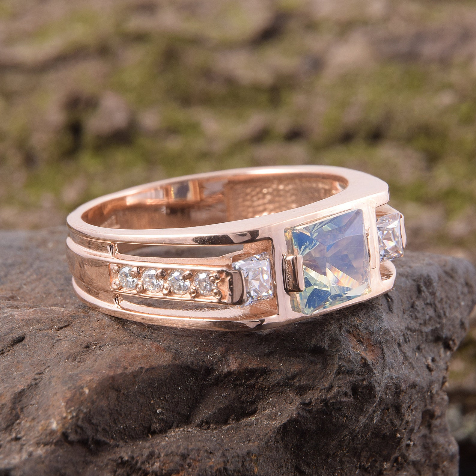 Men Signet Ring Unique Ring for Men Moonstone Ring Rose | Etsy