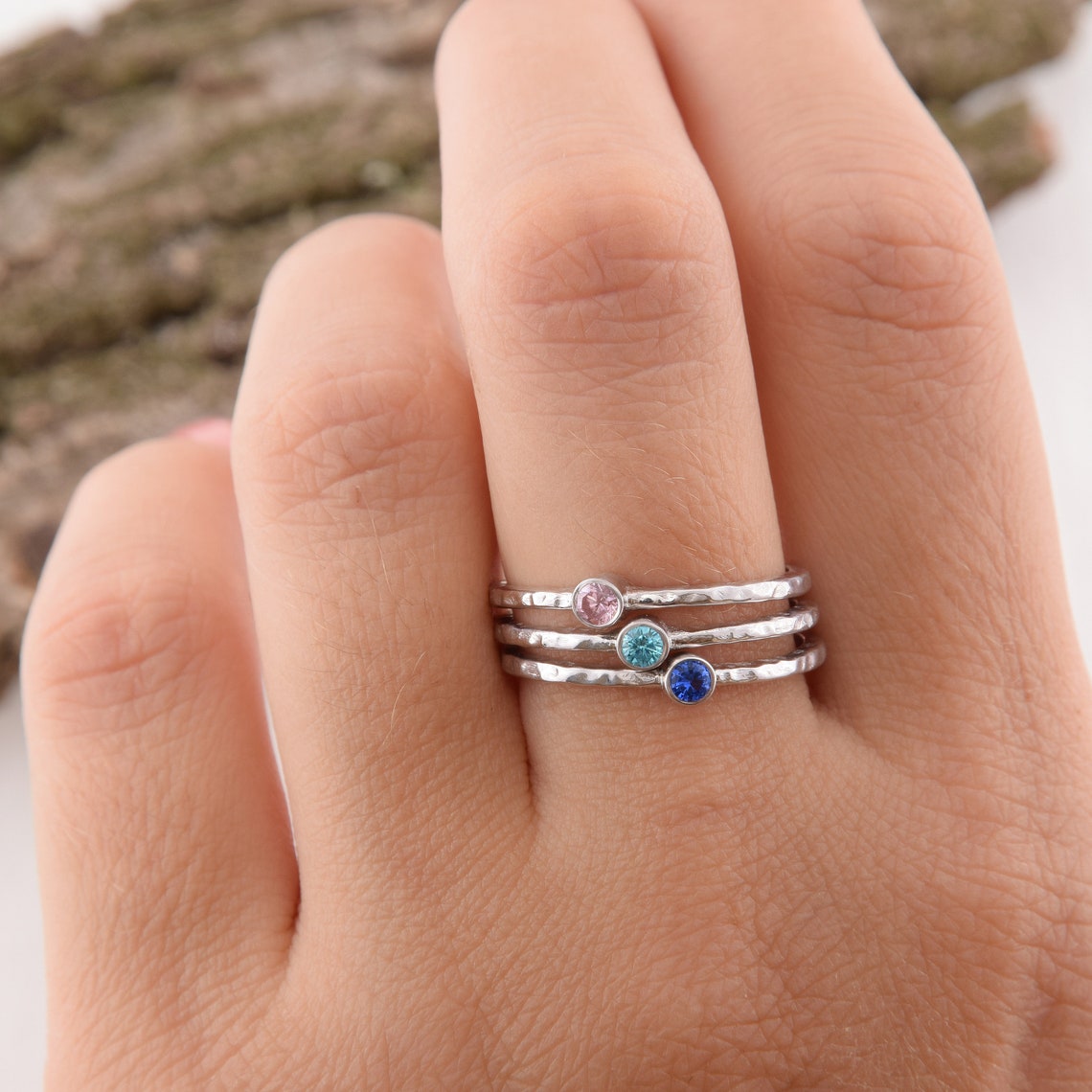 Dainty Birthstone Ring Stacking Ring Mom Rings Set Hammered | Etsy
