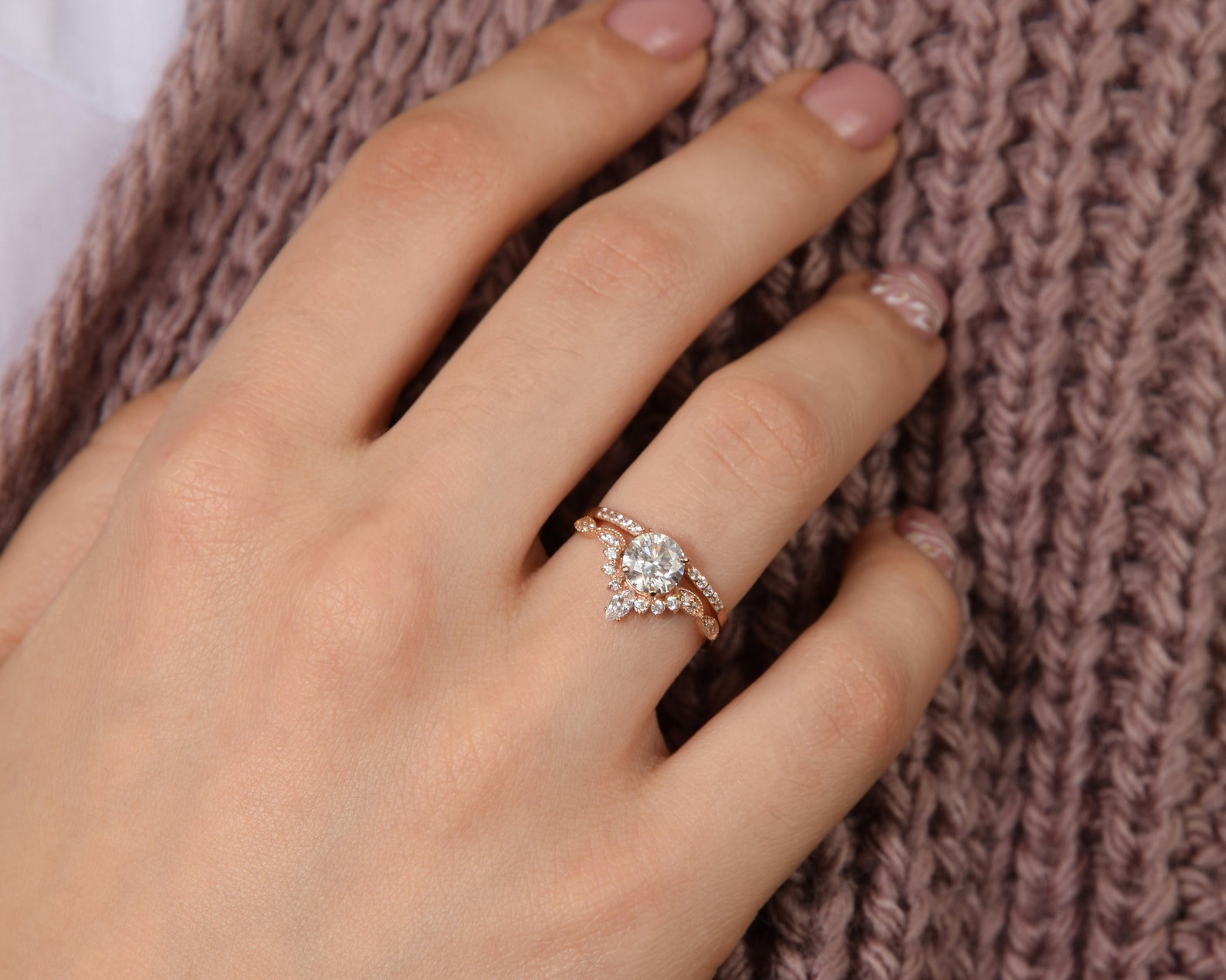 Dainty antique style art deco womens engagement rings set | Etsy