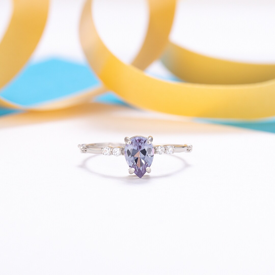 Dainty Minimalist Alexandrite Promise Ring for Her, Silver Pear ...
