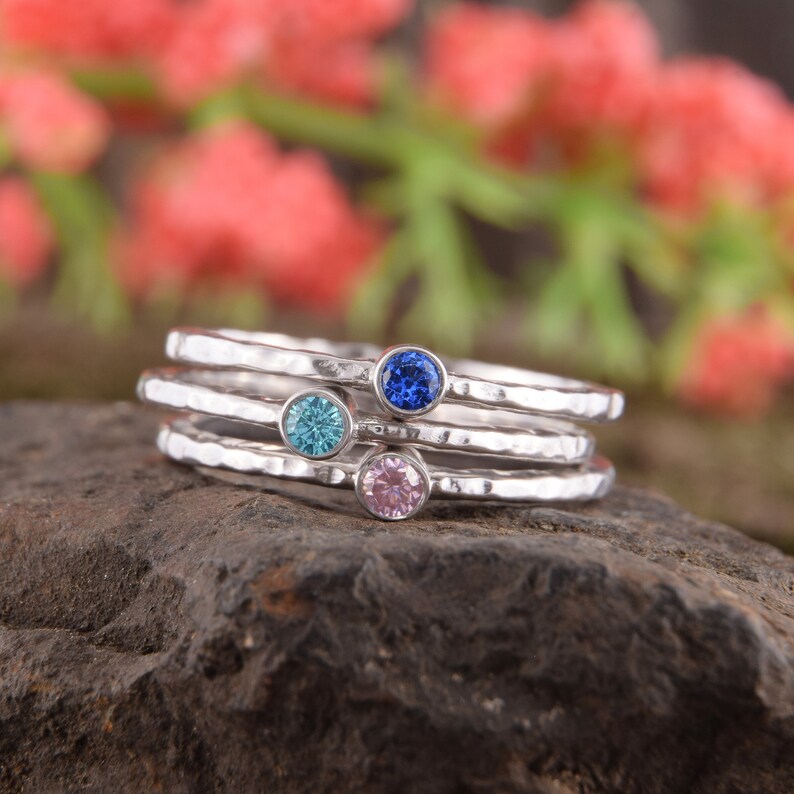 Dainty Birthstone Ring Stacking Ring Mom Rings Set Hammered | Etsy
