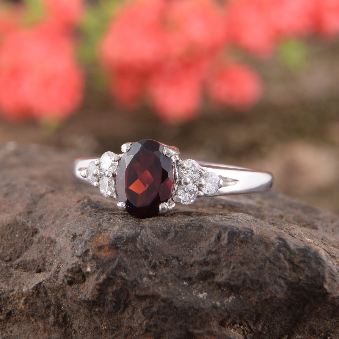 Garnet ring Multistone ring Anniversary ring Oval cut | Etsy