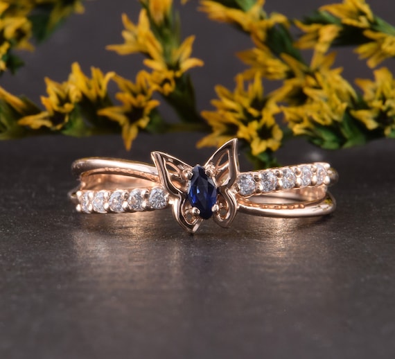 14k Solid Rose Gold Womens Blue Sapphire Butterfly Promise Ring Unique Womens Promise Ring Womens Sapphire Gold Ring Dainty Promise Ring Etsy