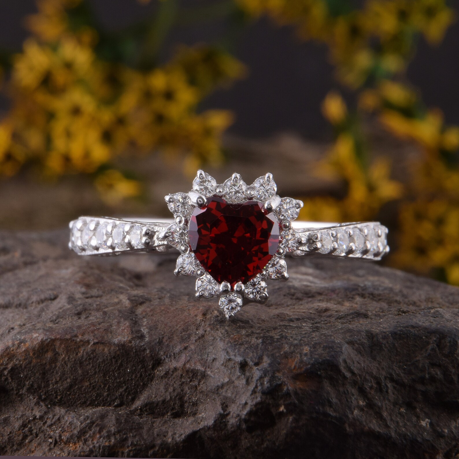 Unique Garnet Art Deco Engagement Ring Womens Heart Silver - Etsy