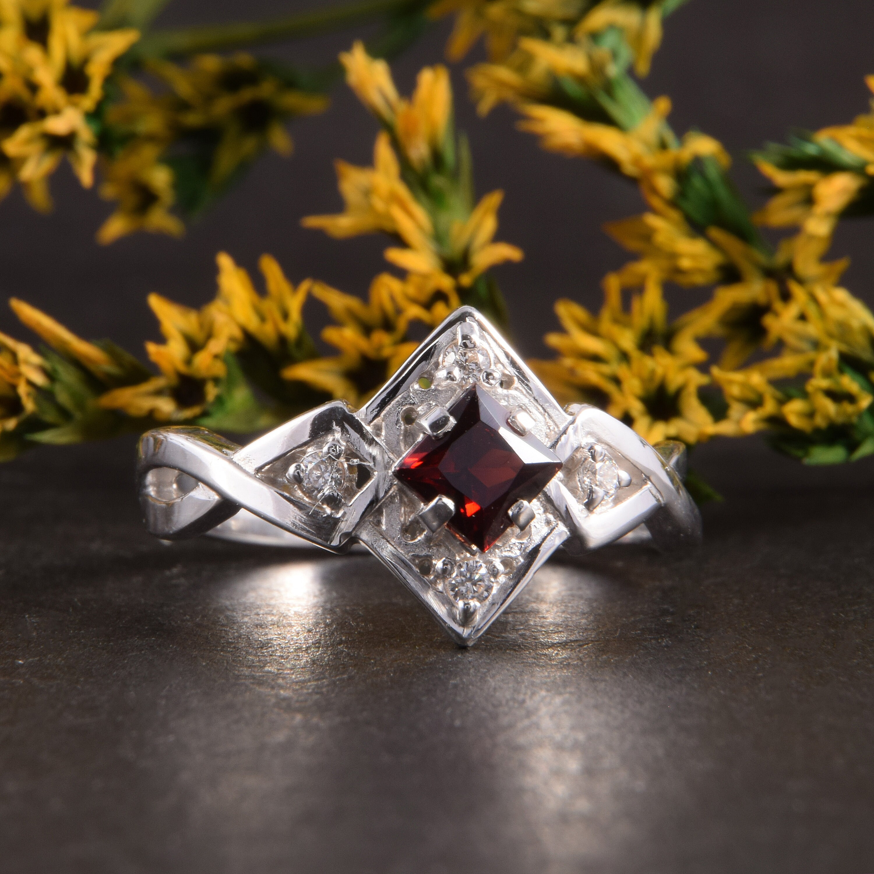 Unique womens art deco promise ring Silver garnet ring for | Etsy