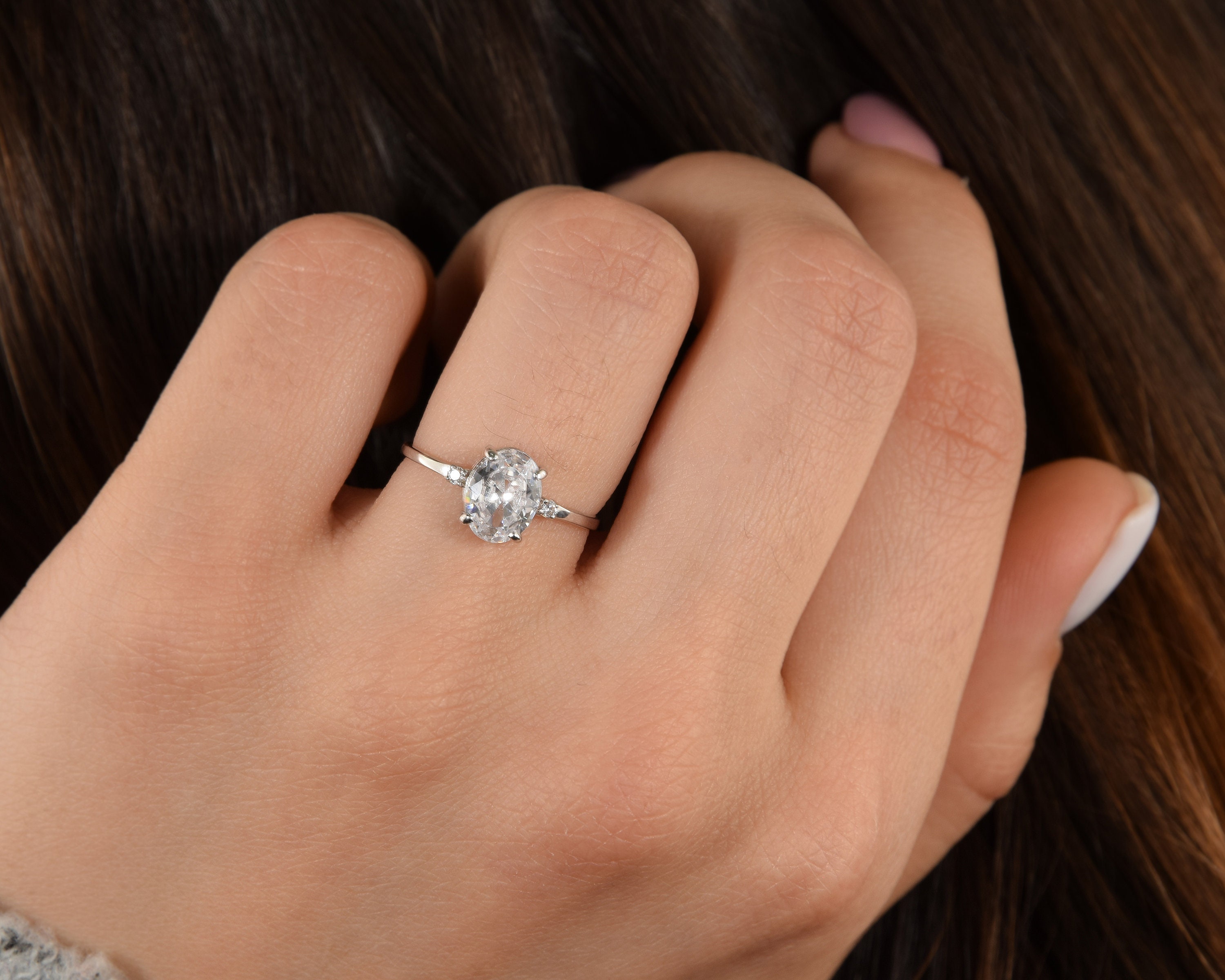 Dainty & simple 3 stone setting silver engagement ring | Etsy